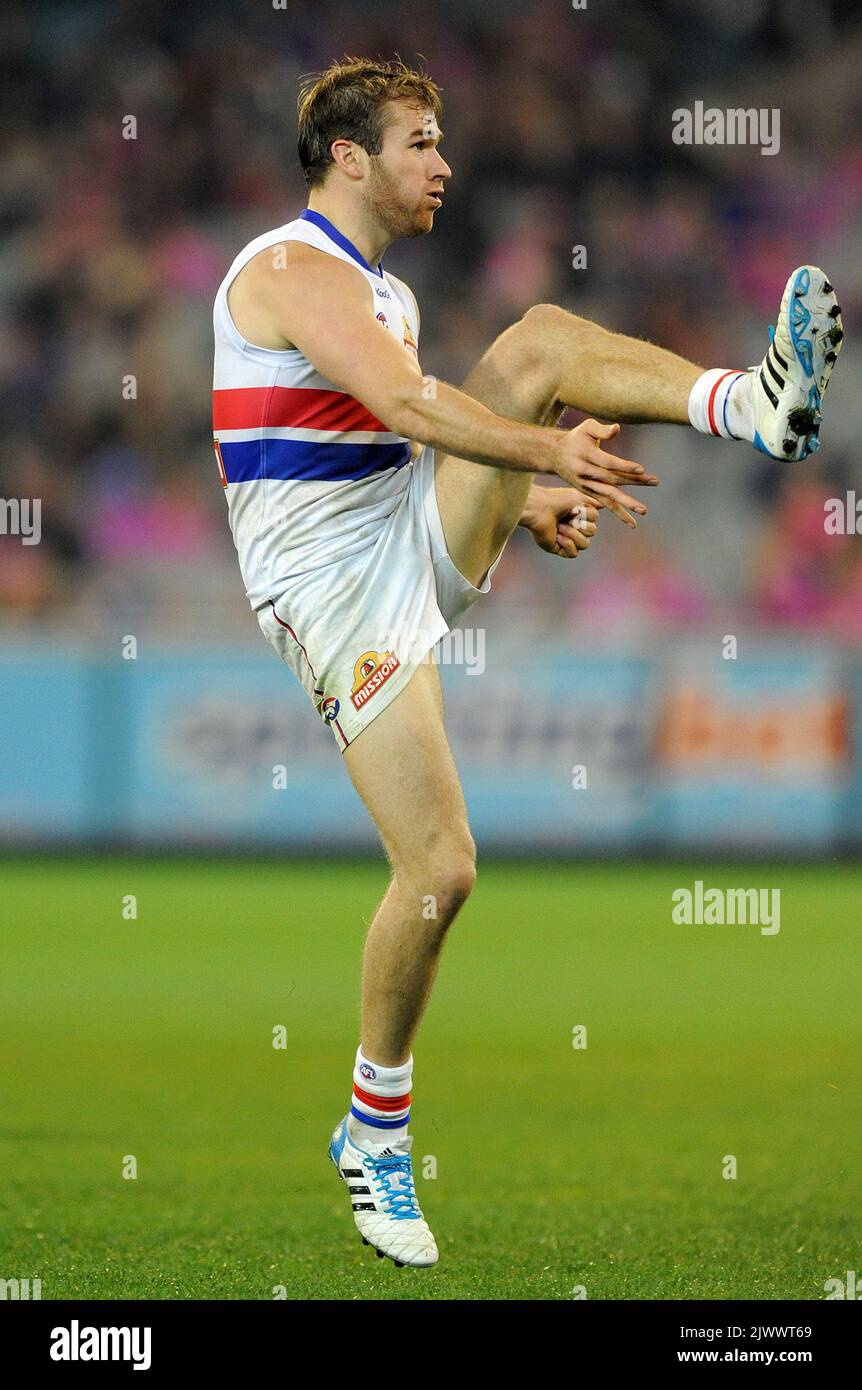 Stewart Crameri of the Western Bulldogs kicks a goal, during the Round ...