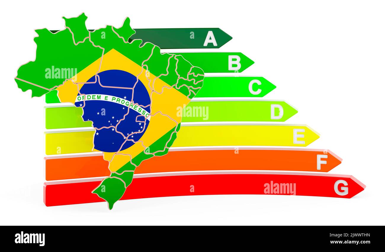 Brazilian map with energy efficiency rating, 3D rendering isolated on ...