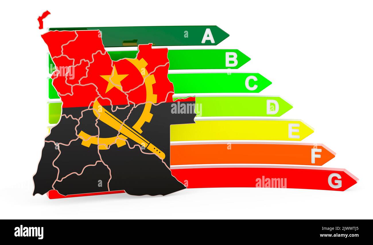 Angolan map with energy efficiency rating, 3D rendering isolated on ...