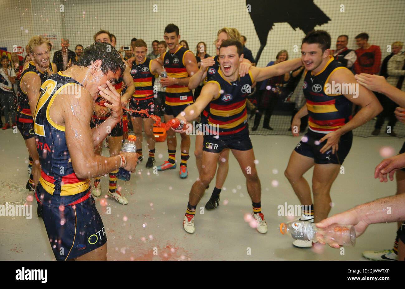 Charlie Cameron of the Adelaide Crows celebrates his first game with ...