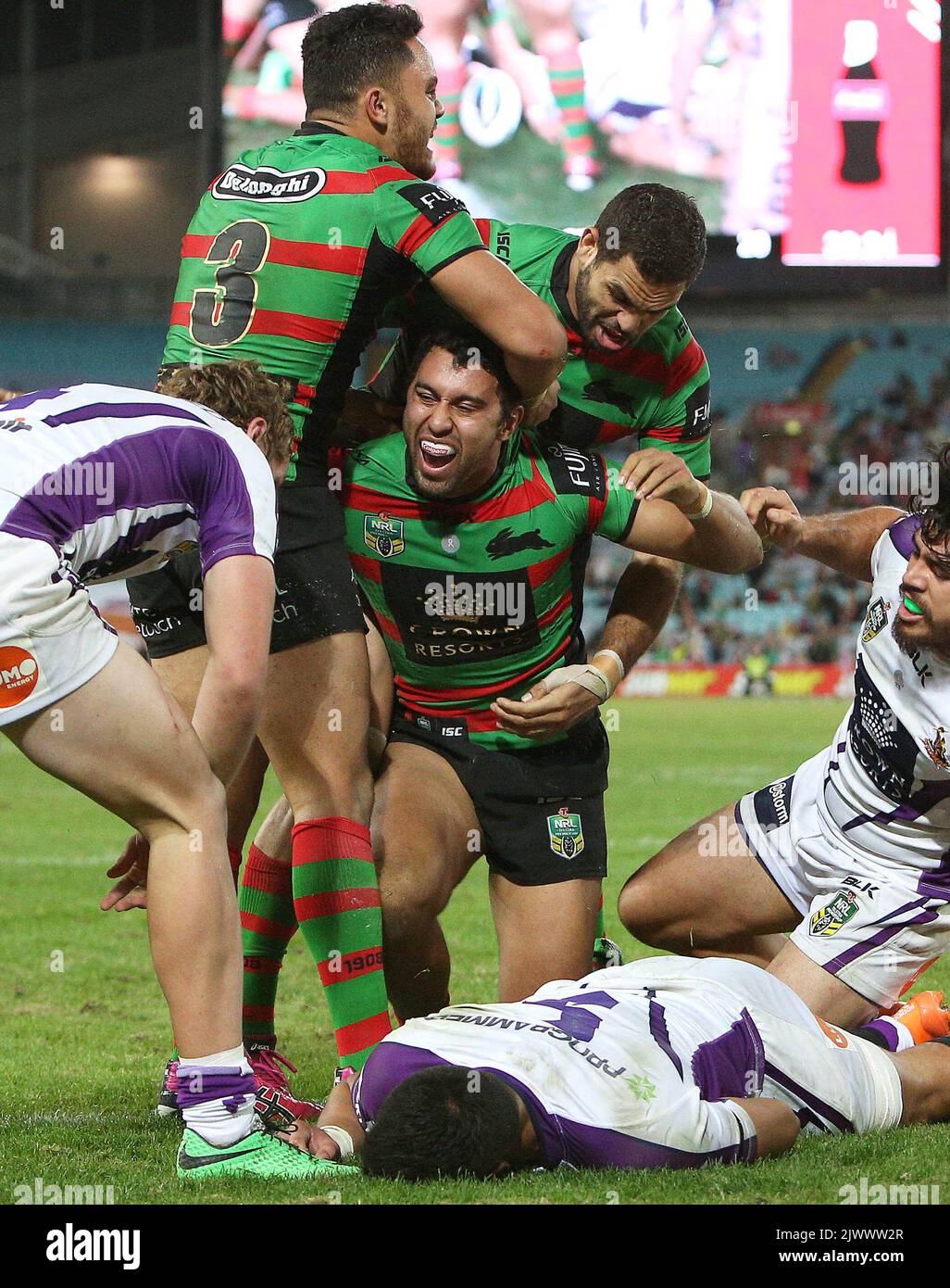 Alex Johnston celebrates his 2nd try during the round 10 NRL match ...