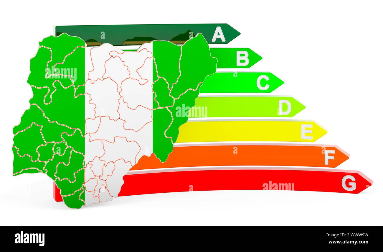 Nigerian map with energy efficiency rating, 3D rendering isolated on ...