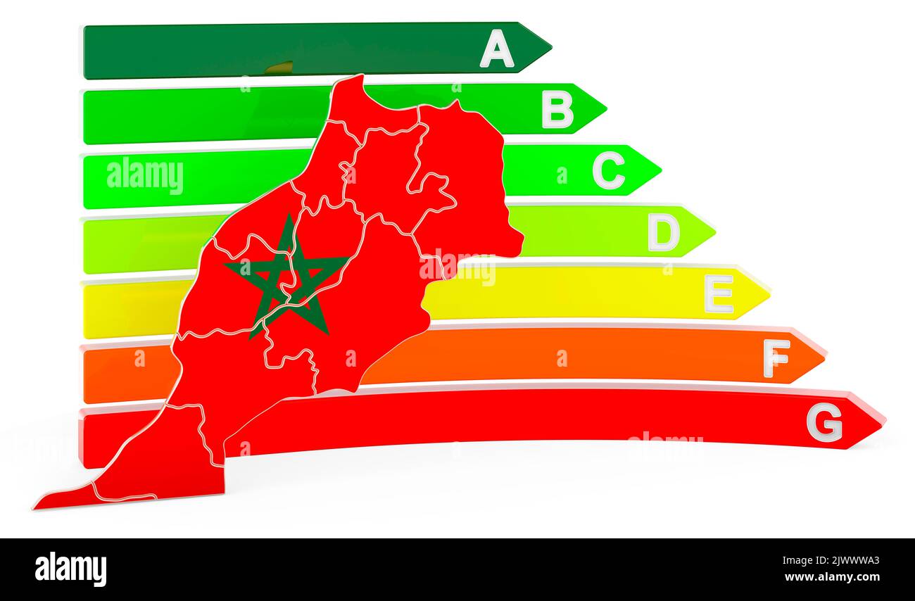 Moroccan map with energy efficiency rating, 3D rendering isolated on ...