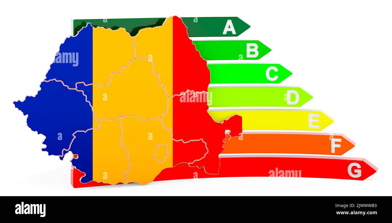 Romanian map with energy efficiency rating, 3D rendering isolated on ...