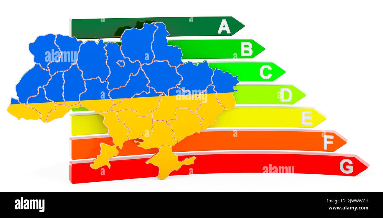 Ukrainian map with energy efficiency rating, 3D rendering isolated on ...