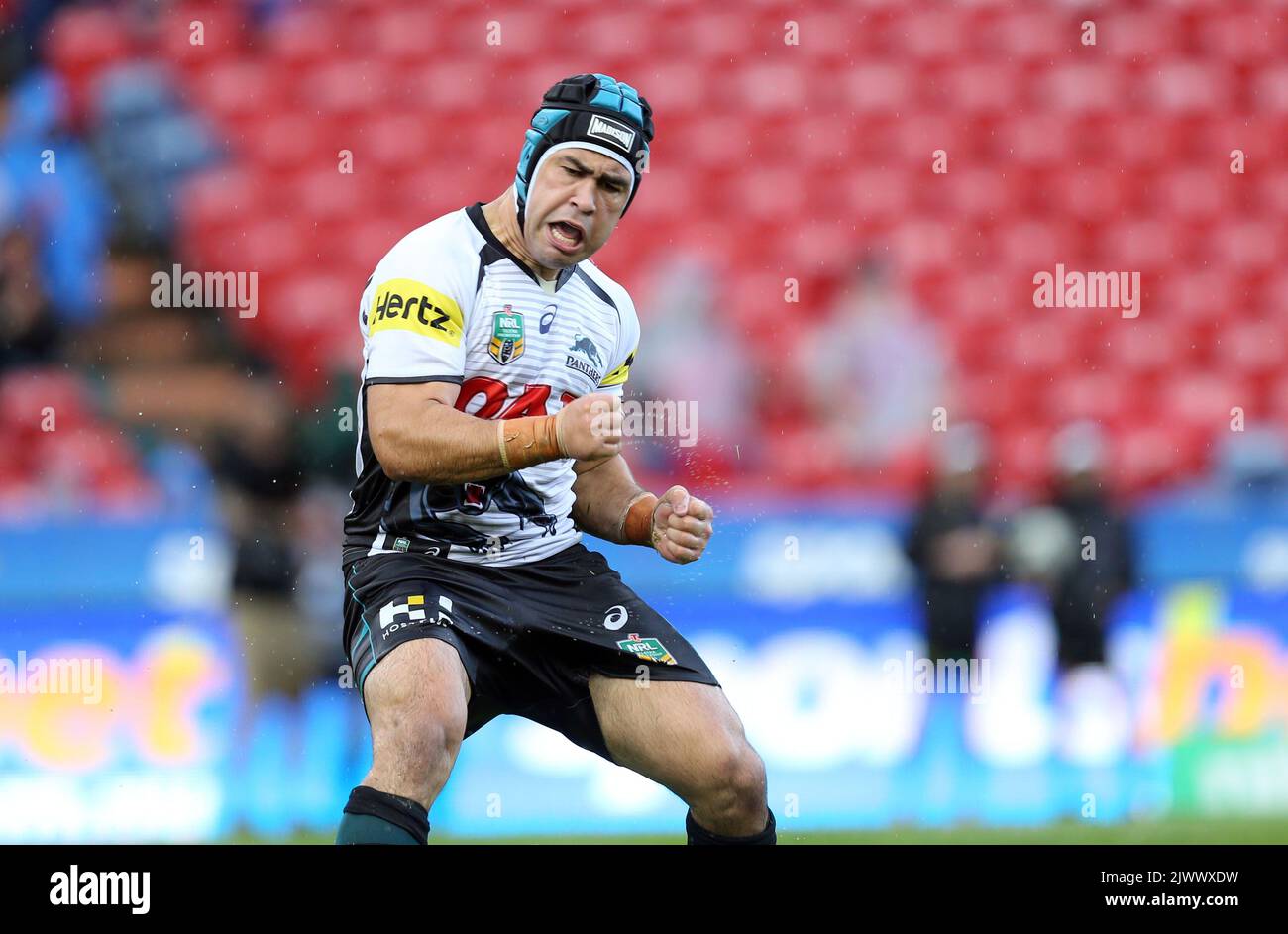 Jamie Soward celebrates after scoring during the NRL Rugby League Round ...