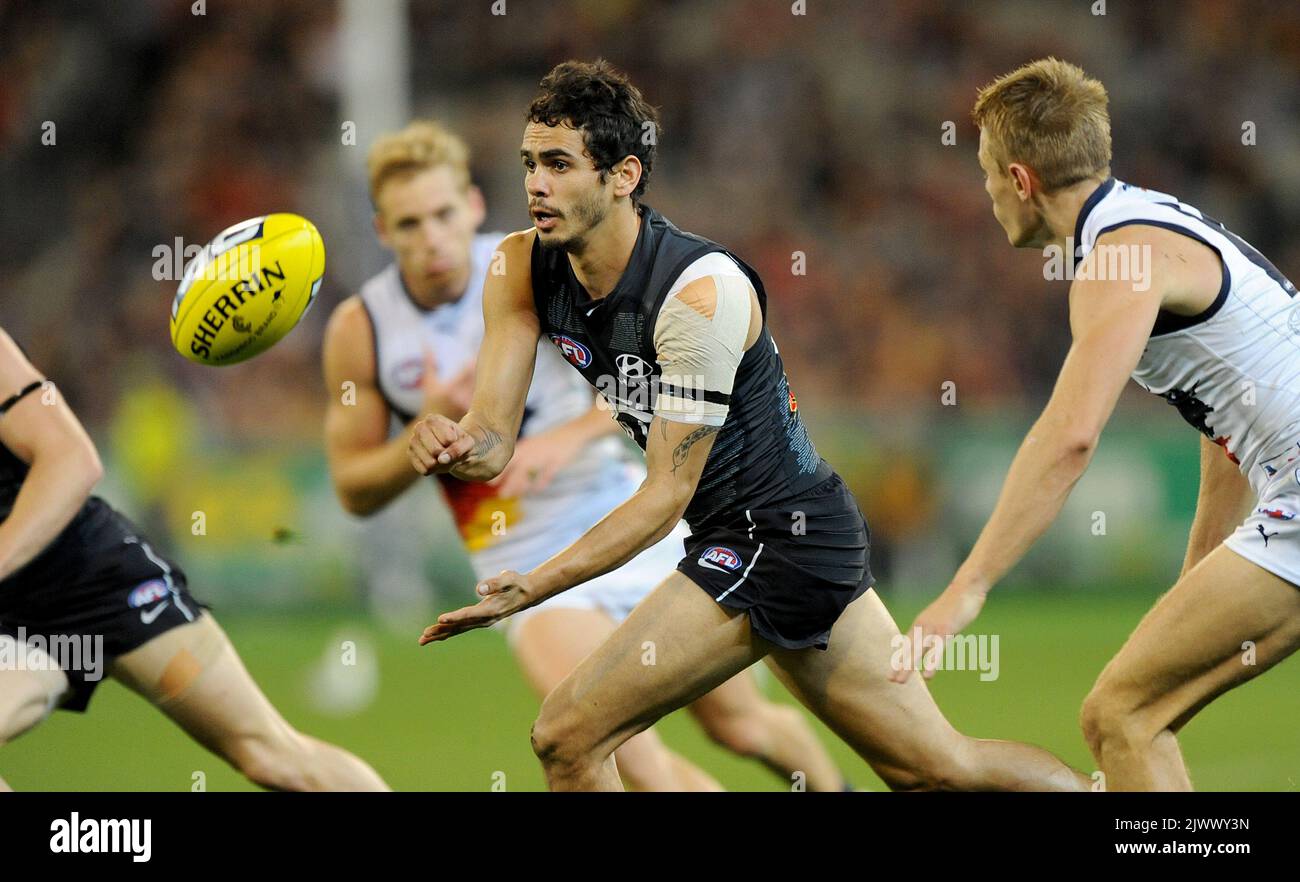 Carlton's Jeff Garlett passes the ball, during the Round 10 AFL match ...