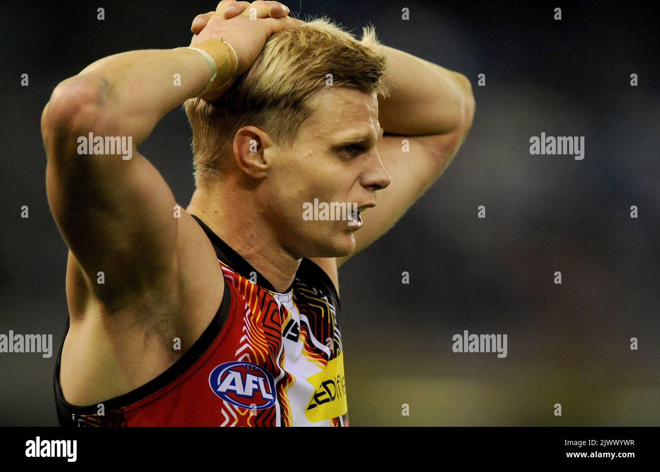 Nick Riewoldt of St Kilda holds his head, during the Round 11 AFL match ...