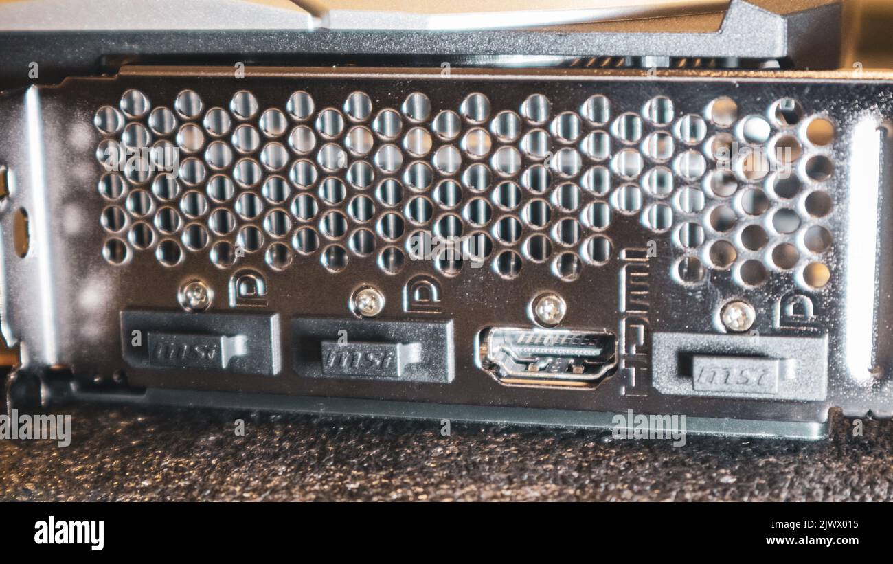 Kyiv, Ukraine - August 19, 2022: MSI graphics card ports panel close-up ...