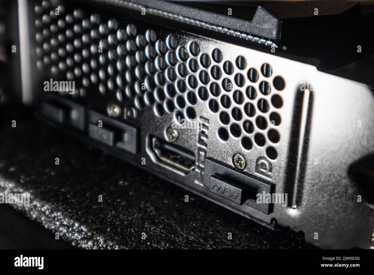 Kyiv, Ukraine - August 19, 2022: MSI graphics card metallic ports panel ...