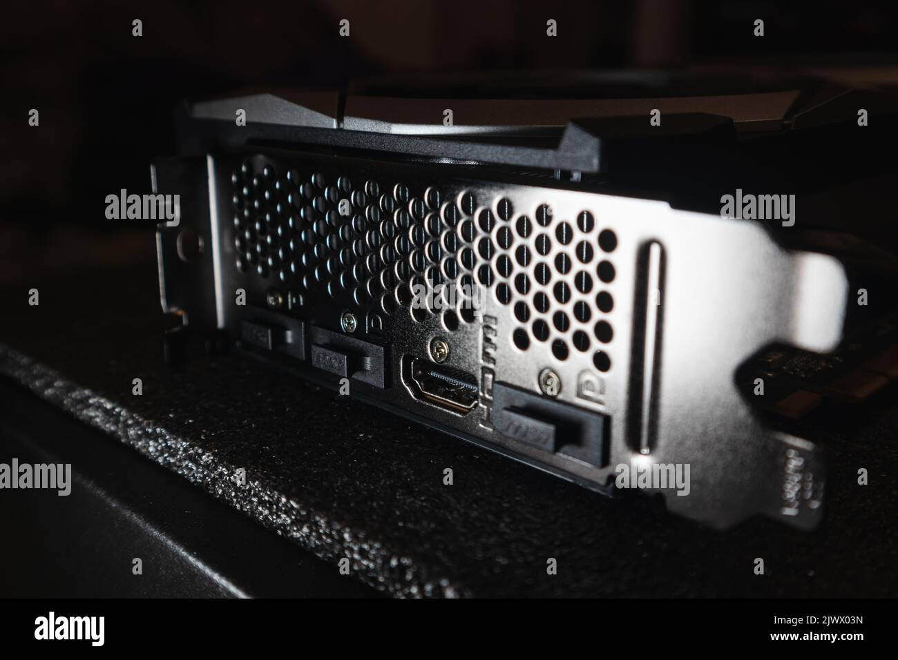 Kyiv, Ukraine - August 19, 2022: MSI graphics card ports metal panel ...