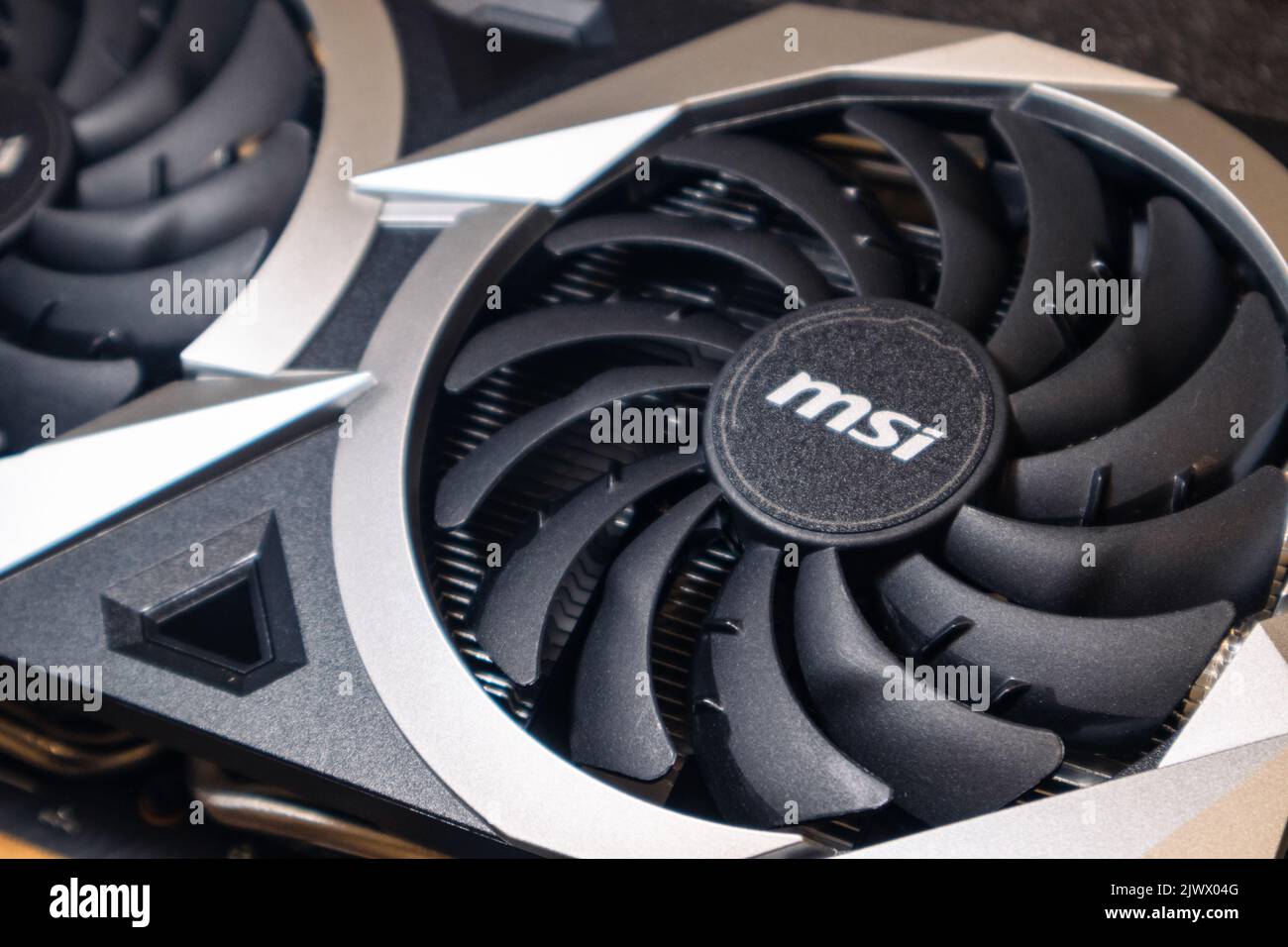 Kyiv, Ukraine - August 19, 2022: Cooler fan on MSI graphics card with ...