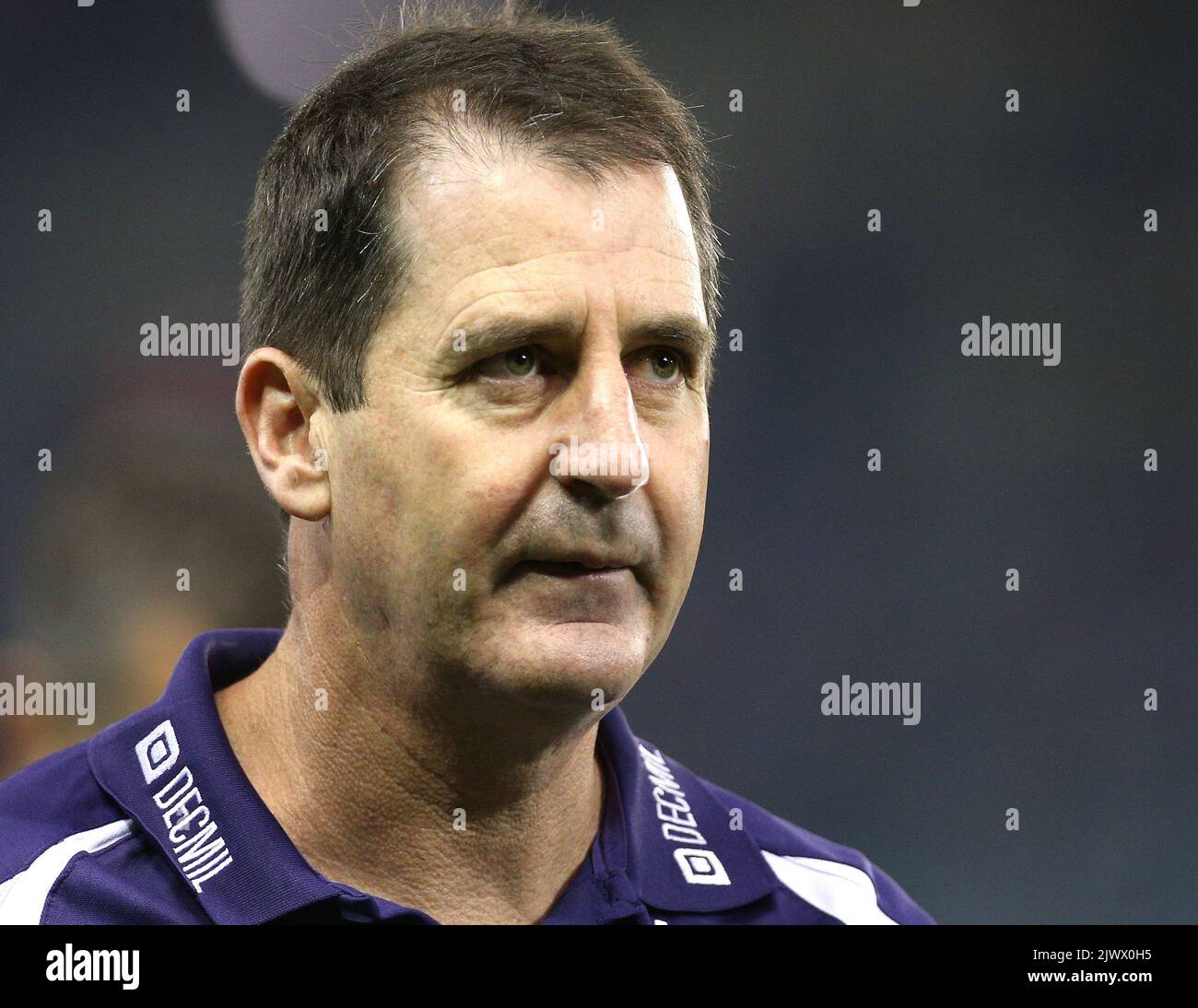 Ross Lyon coach of the Dockers leaves the field at quarter time during ...