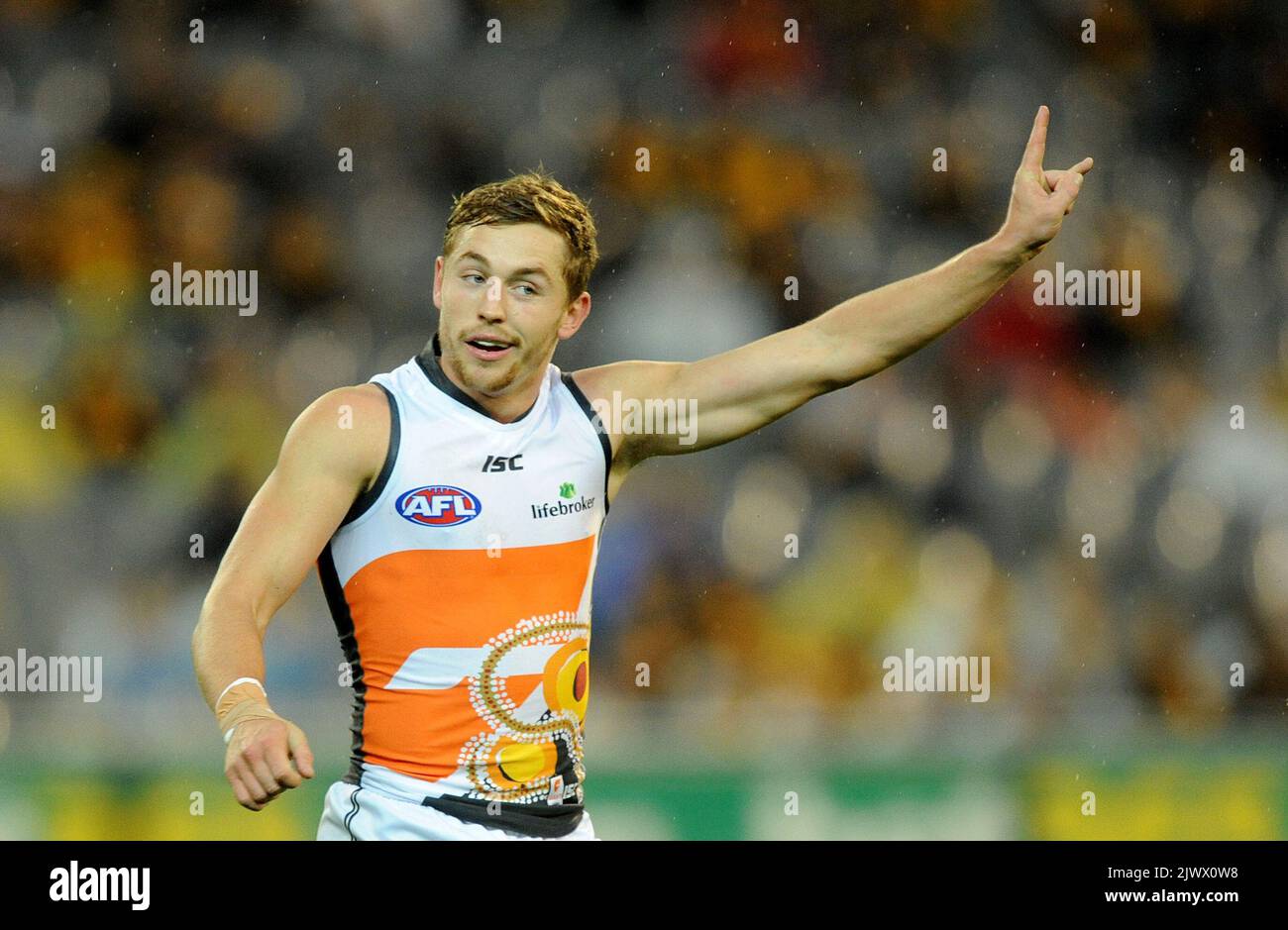 Phil Davis of GWS celebrates after kicking a goal, during the Round 11 ...