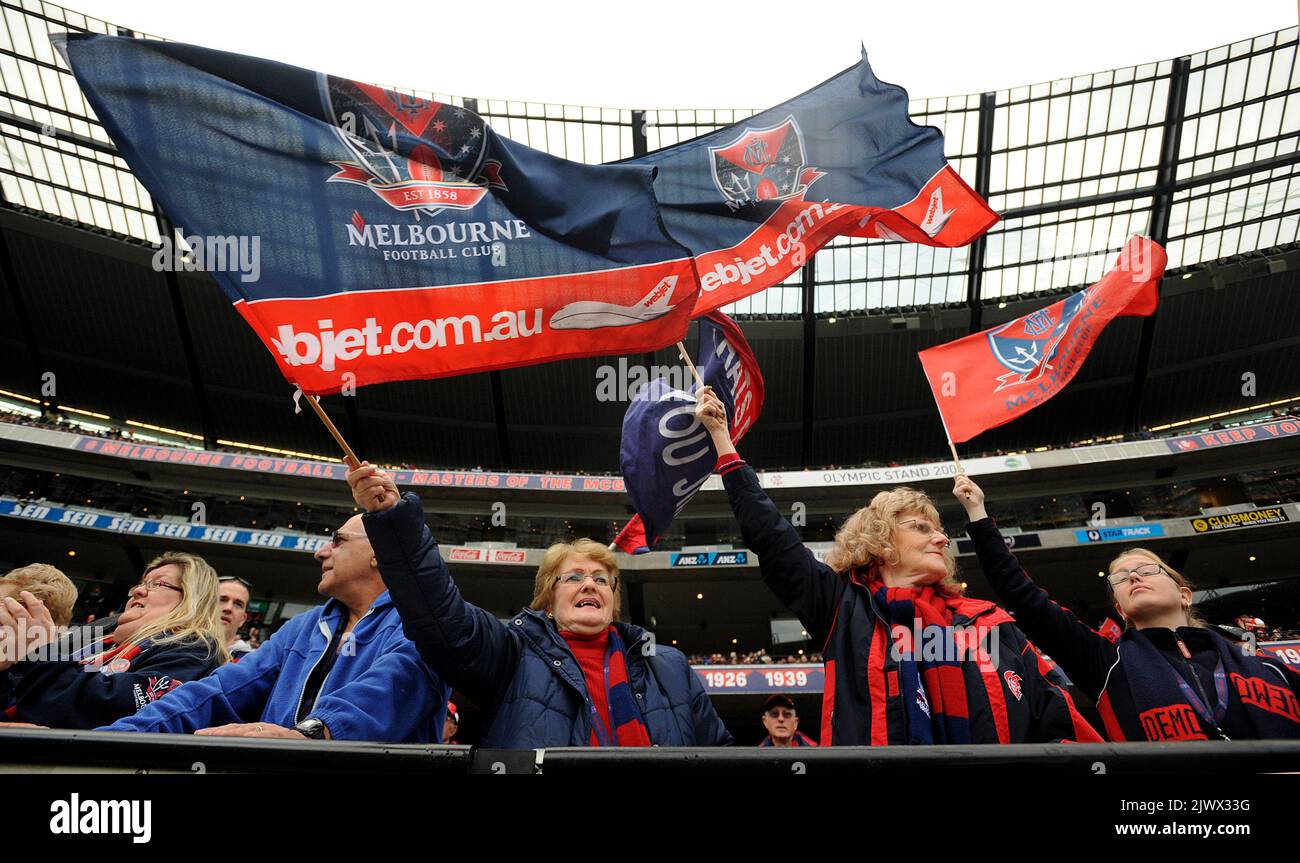 Melbourne fans wave their team flags, during the Round 12 AFL match ...