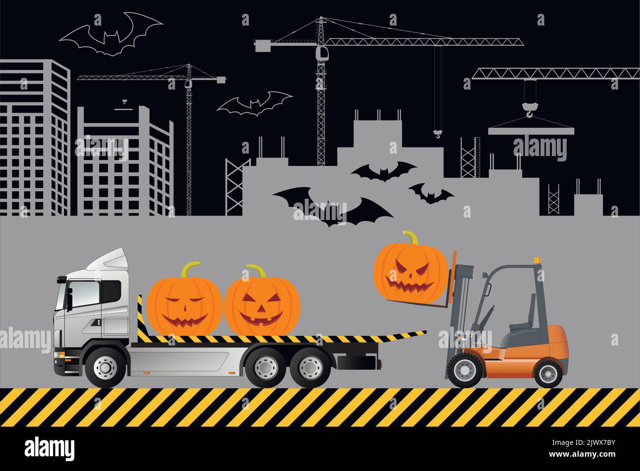 Greeting card. A forklift is loading a truck with halloween pumpkins ...
