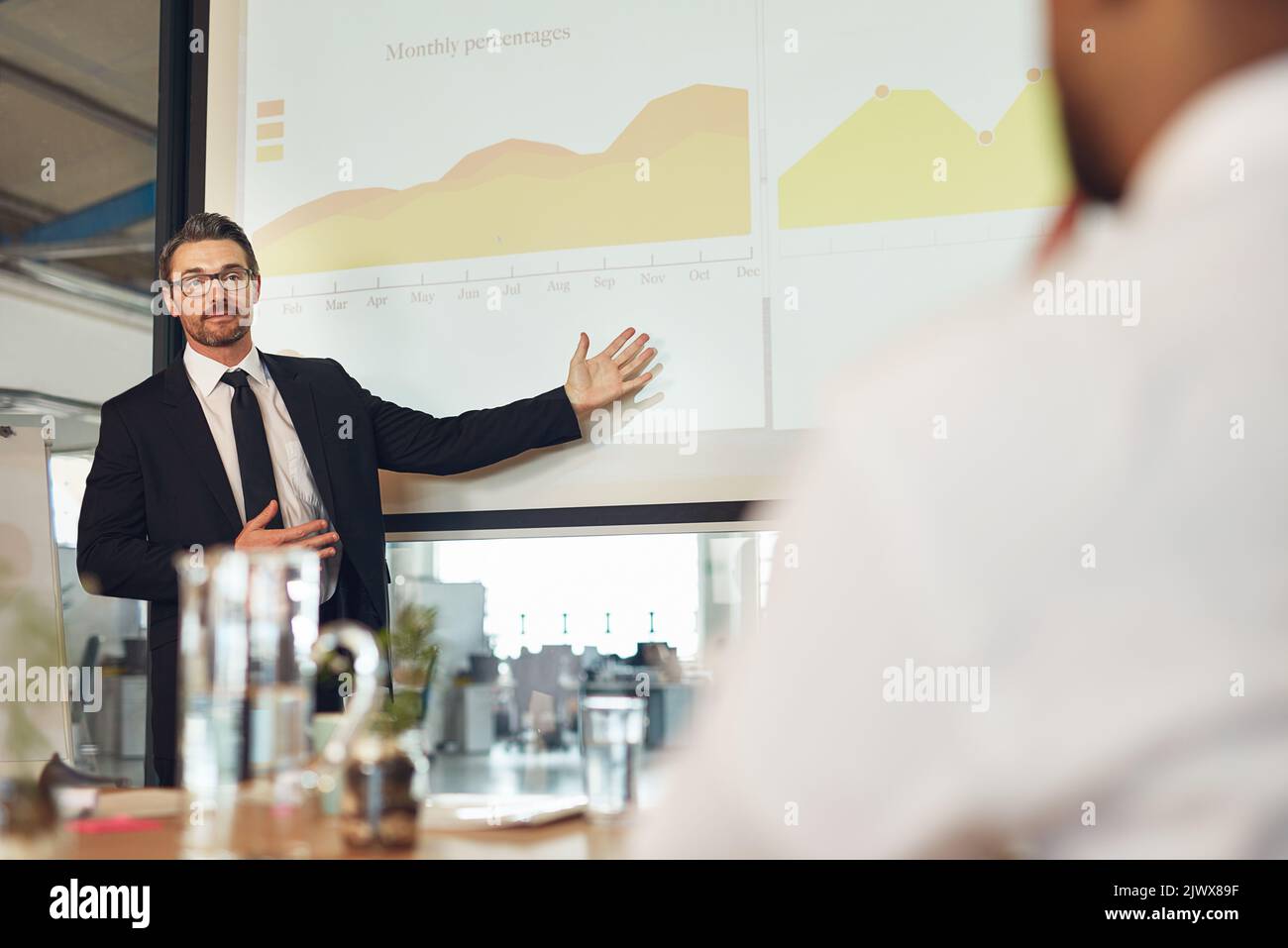 Outlining new fiscal corporate policy. an executive giving a presentation on a projection screen ...