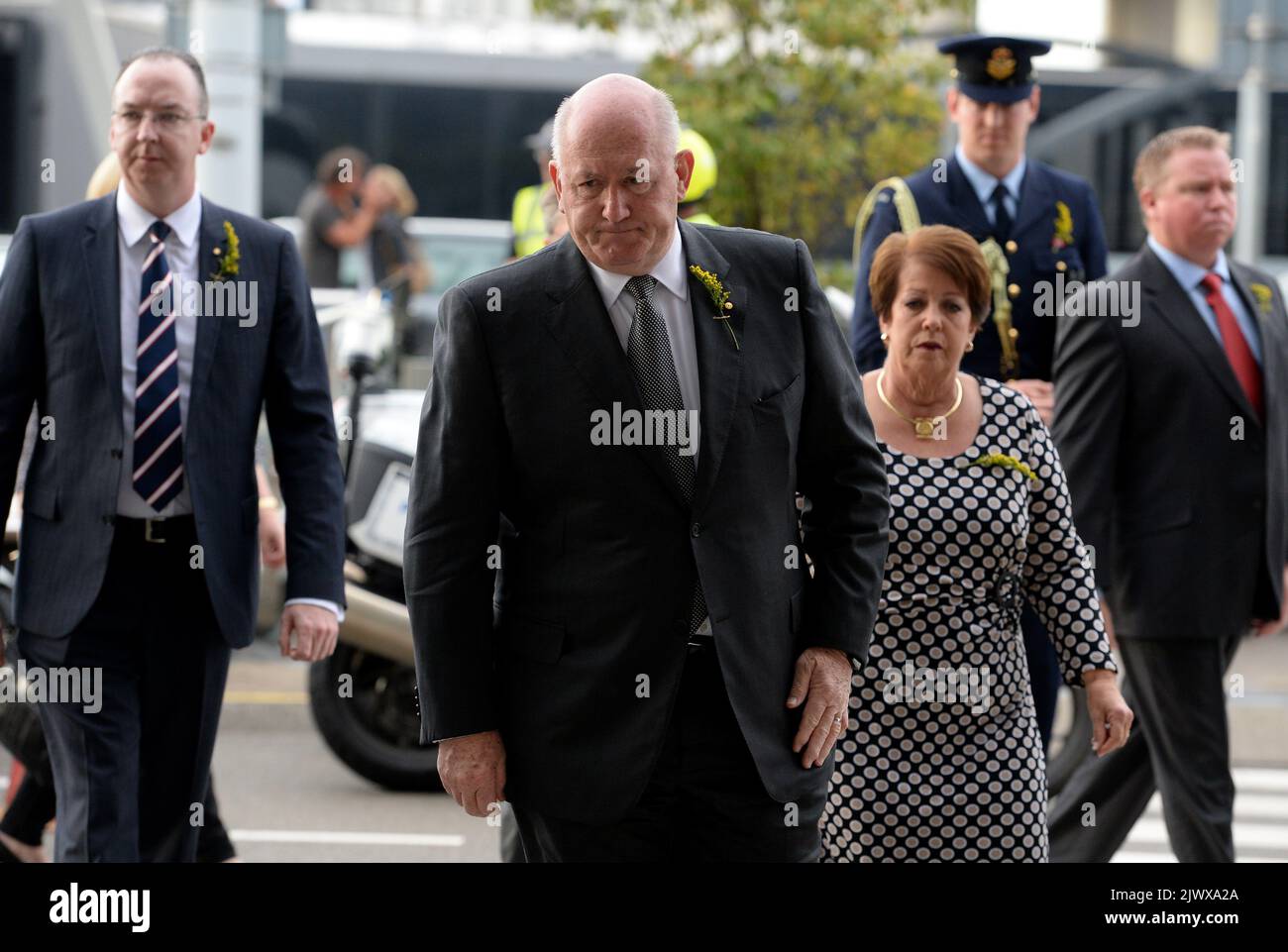 Governor-General Sir Peter Cosgrove and Lady Cosgrove arrive to lay a ...