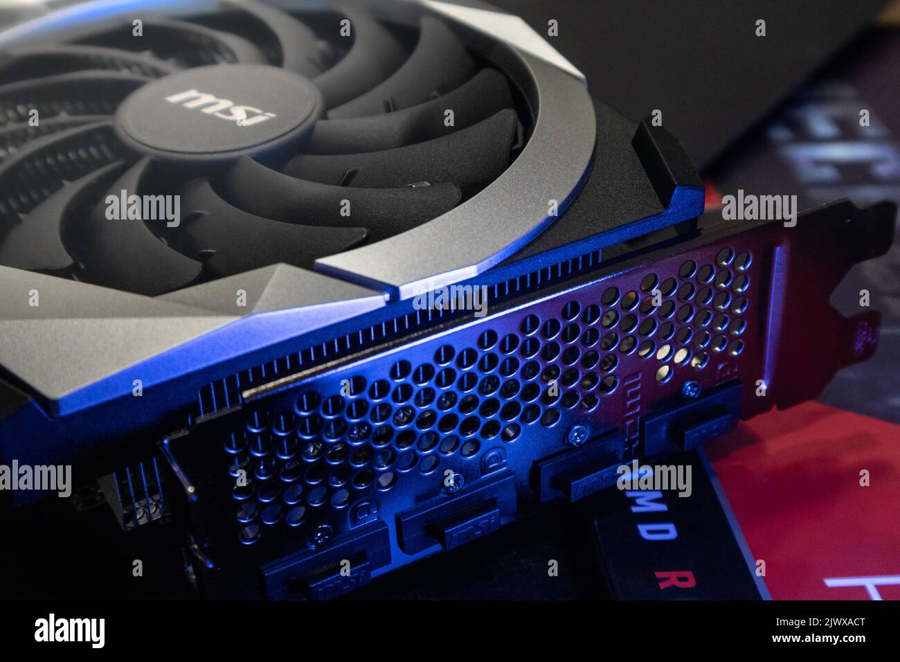 Kyiv, Ukraine - August 19, 2022: MSI MECH 2X graphics video card back ...