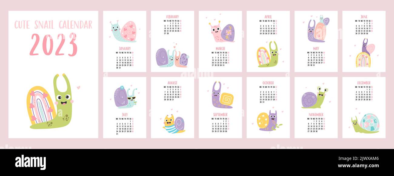 Yearly calendar 2023 template with cute decorative snails on white ...