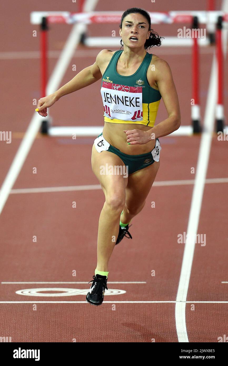 Australia’s Michelle Jenneke finishes her heat to qualify in the Women ...