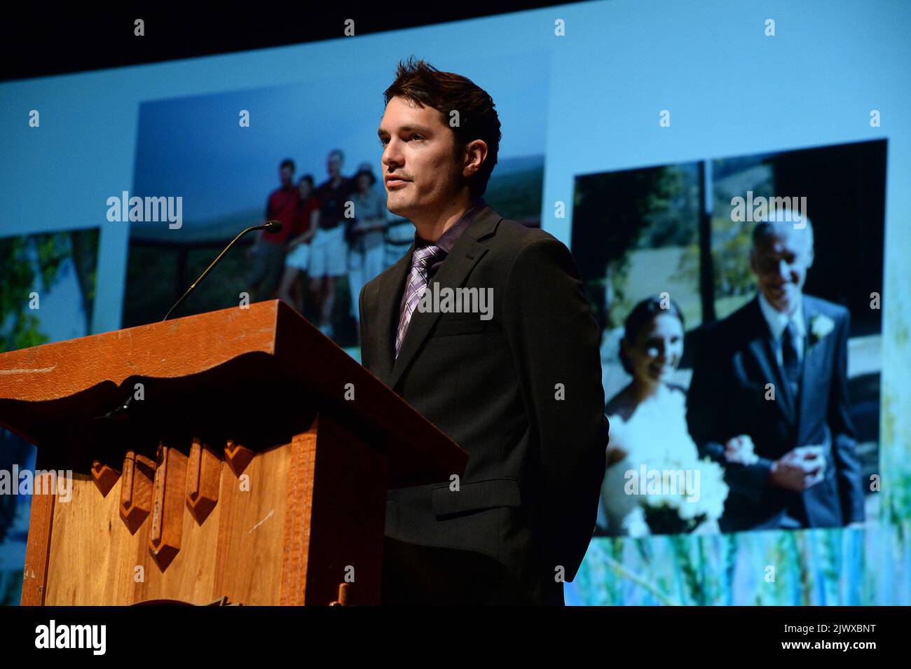 David Guard, son of Jill and Roger Guard, speaks to media after a ...