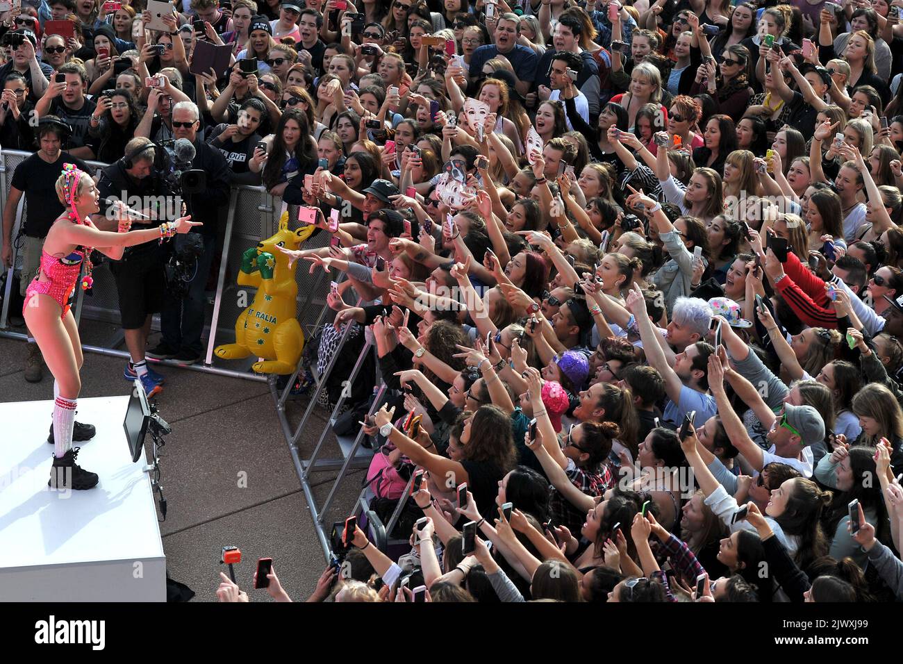 American singer Miley Cyrus performs on the forecourt of the Opera ...