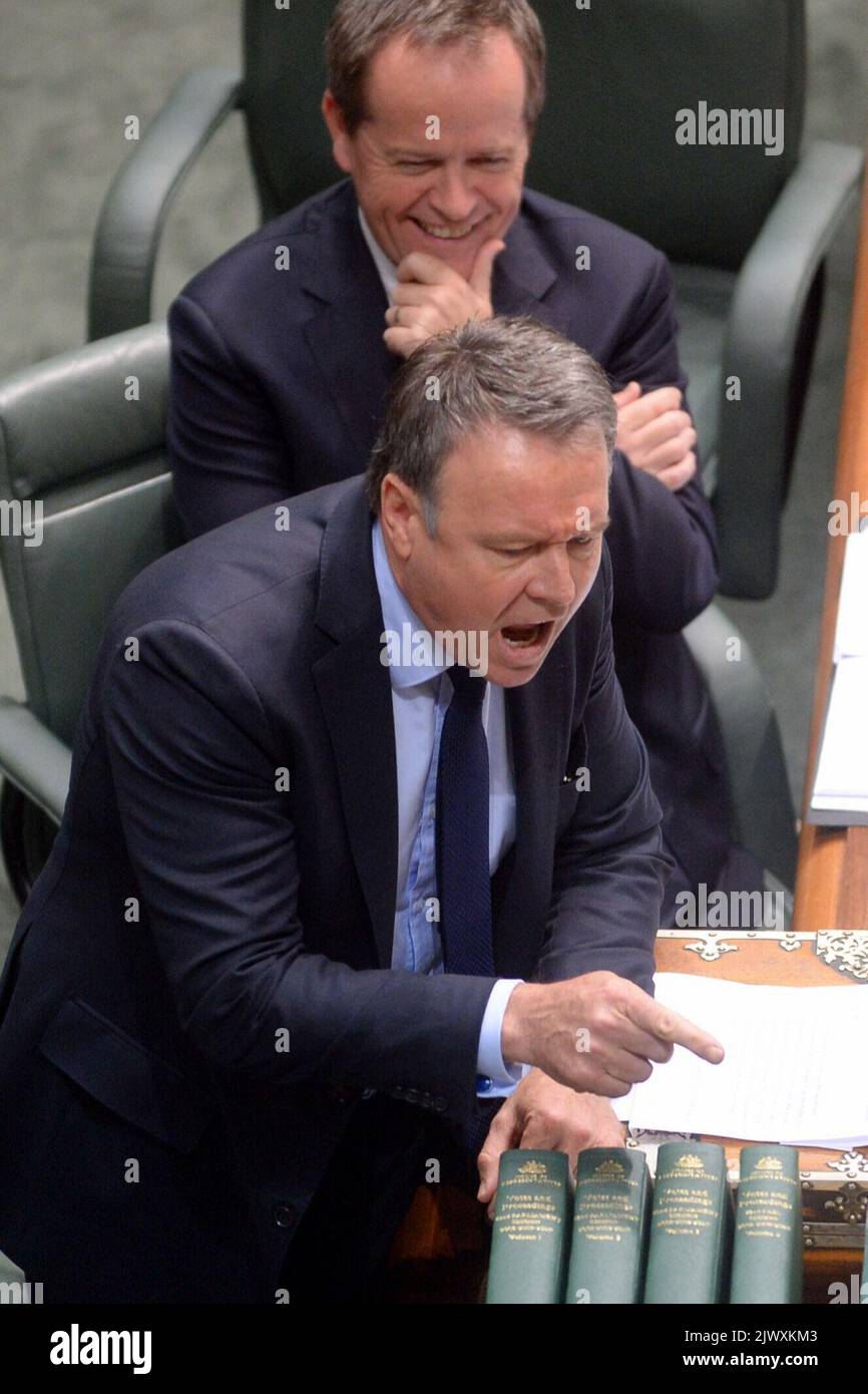 Opposition Leader Bill Shorten listens to shadow agriculture Joel ...