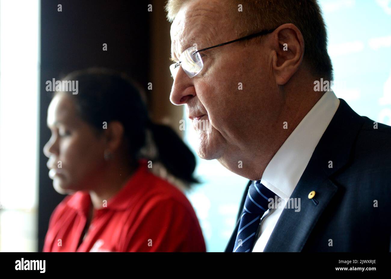 Olympic champion Cathy Freeman with AOC chairman John Coates announce ...