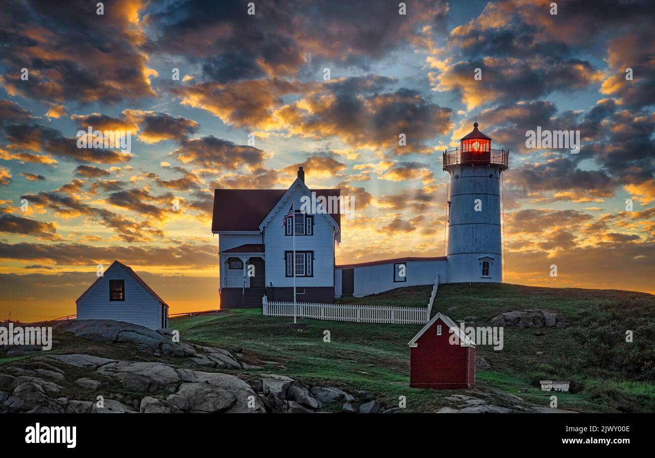 Early morning sunrise over Nubble Lighthouse, York, Maine Stock Photo ...