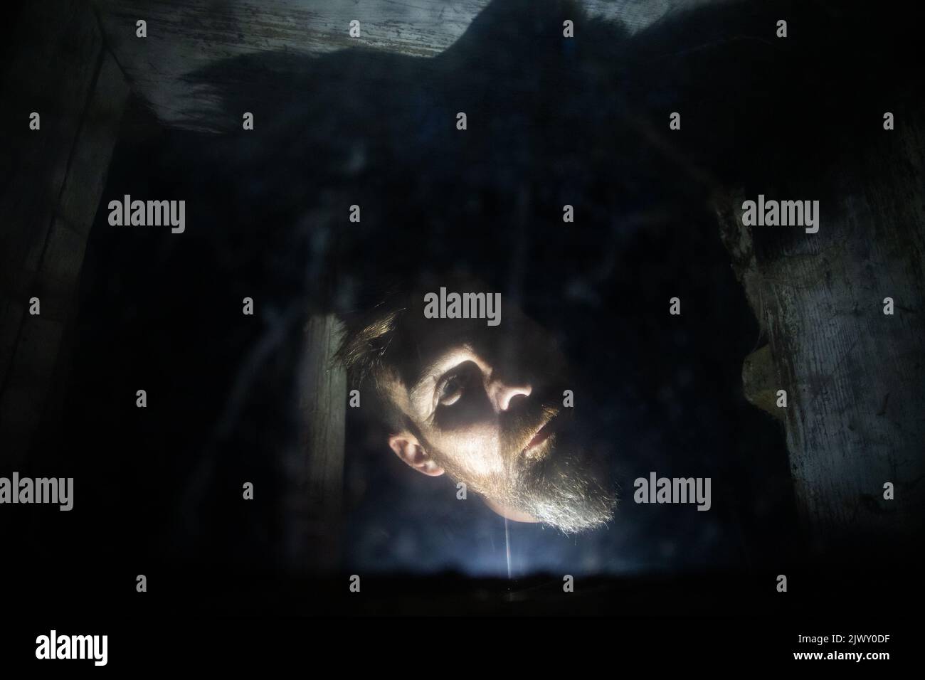 scary man behind window with spider nets at night Halloween horror ...