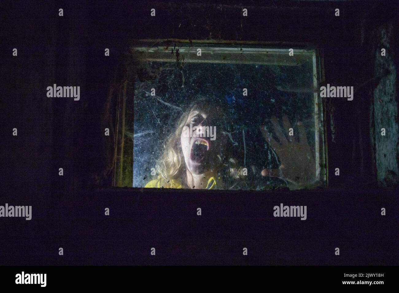 scary woman behind window at night Halloween horror background Stock ...