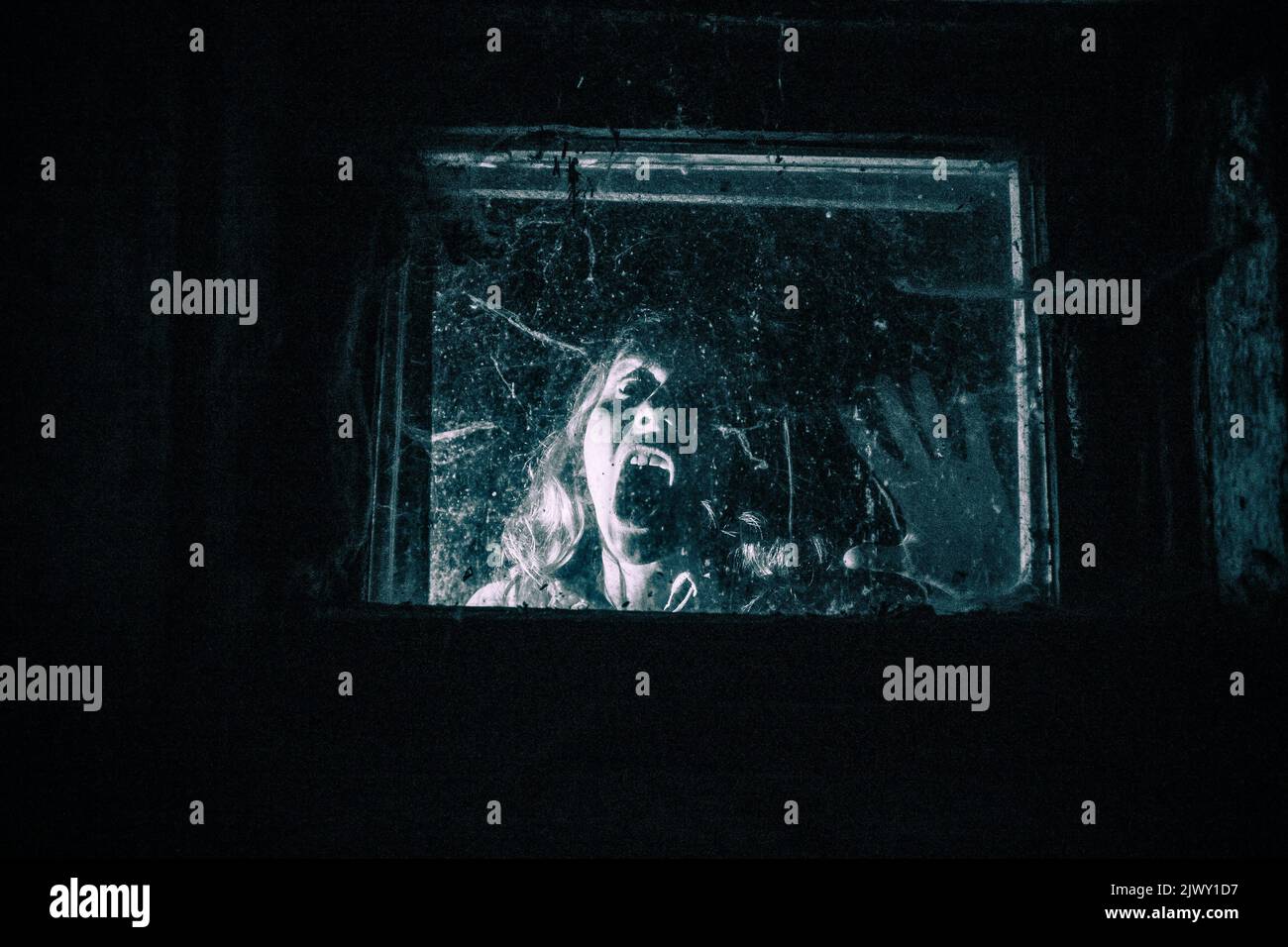 scary woman behind window at night Halloween horror background Stock ...