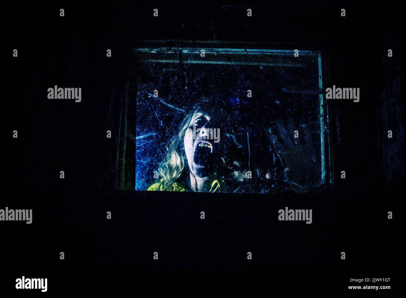 scary woman behind window at night Halloween horror background Stock ...