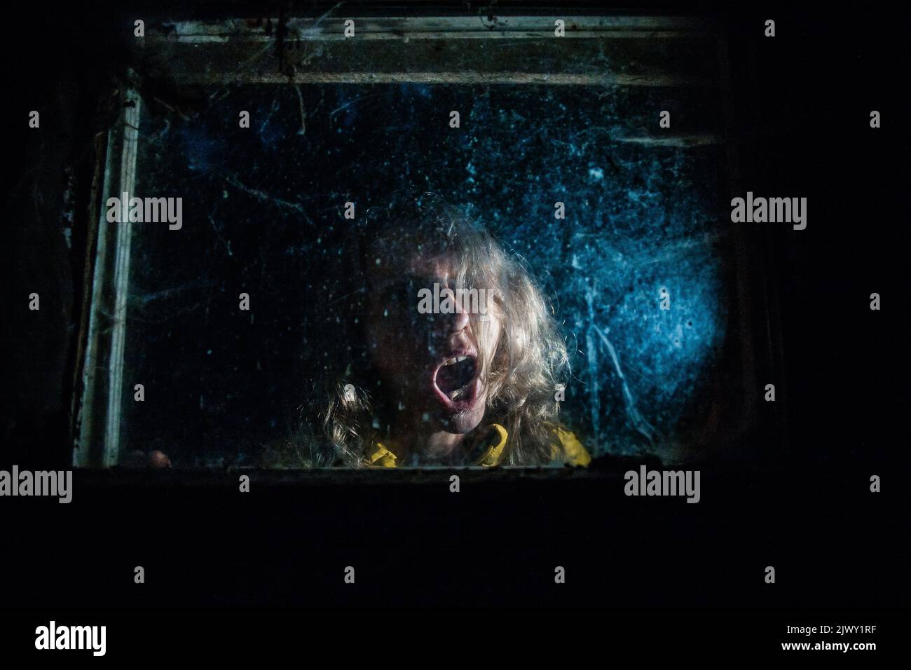 scary woman behind window at night Halloween horror background Stock ...