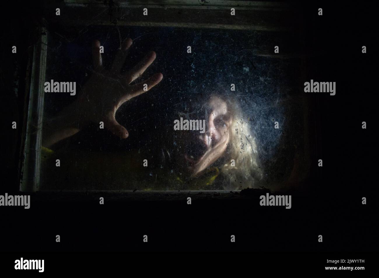 scary woman behind window at night Halloween horror background Stock ...