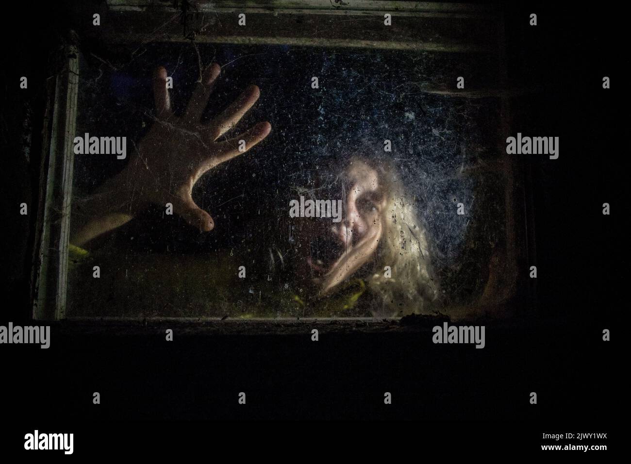 scary woman behind window at night Halloween horror background Stock ...