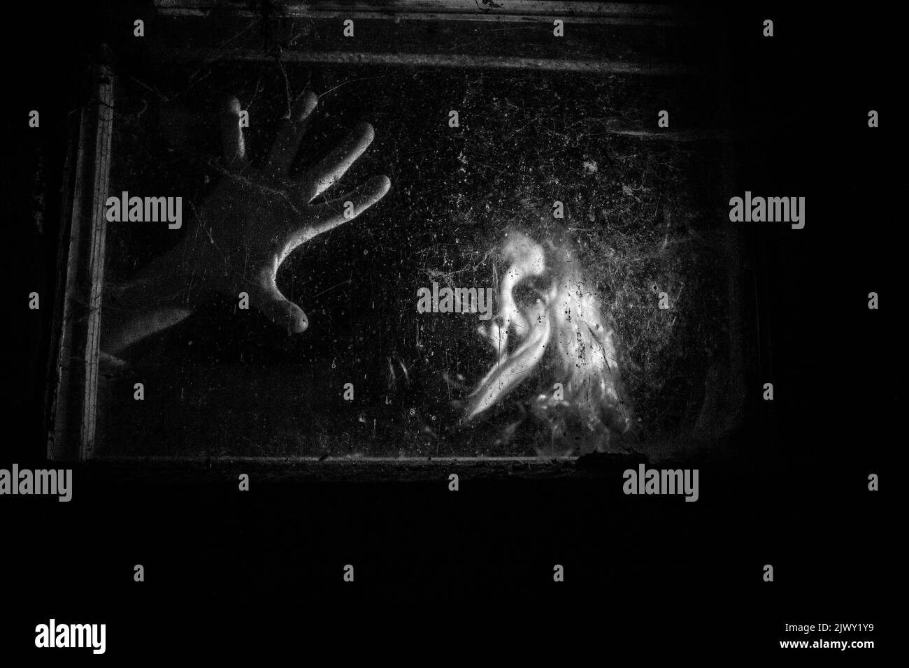 scary woman behind window at night Halloween horror background Stock ...