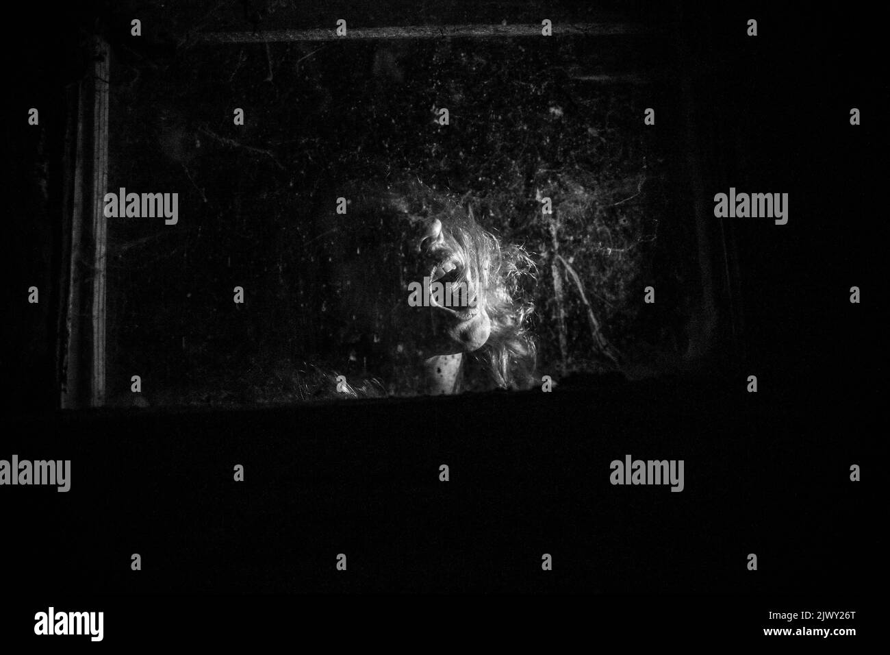 scary woman behind window at night Halloween horror background Stock ...