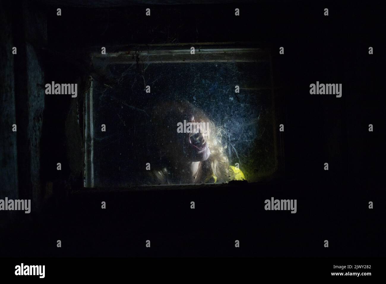 scary woman behind window at night Halloween horror background Stock ...