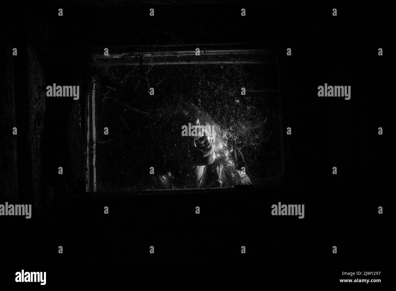 scary woman behind window at night Halloween horror background Stock ...