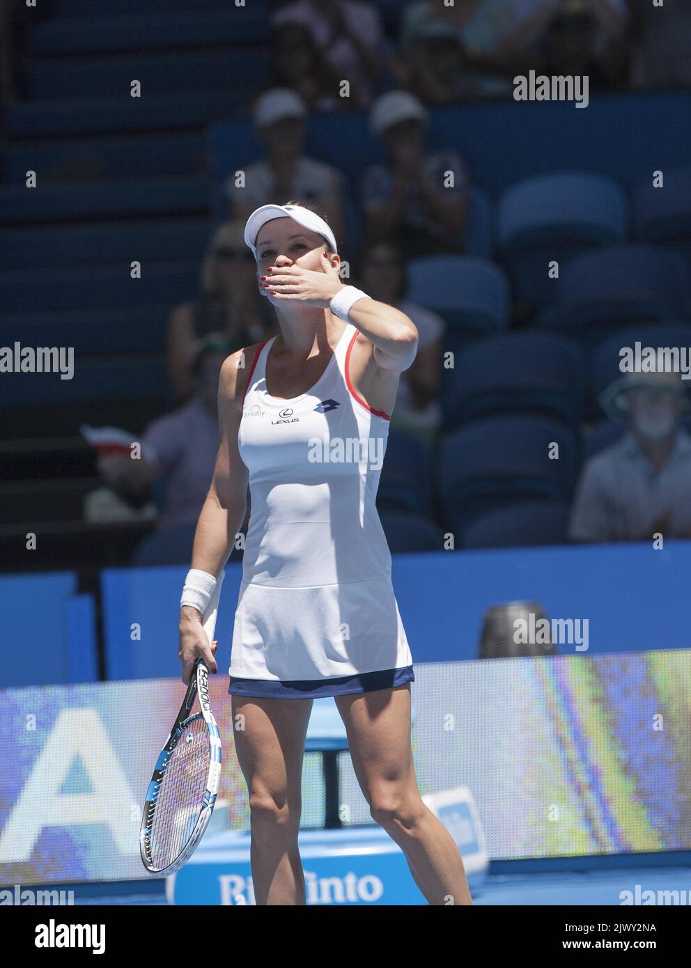 Agnieszka Radwanska of Poland thanks the her fans after winning the ...