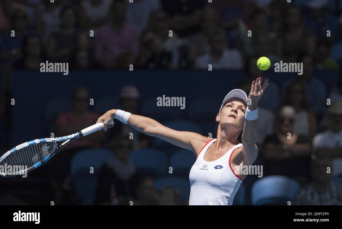 Agnieszka Radwanska of Poland serves during the women's singles match ...