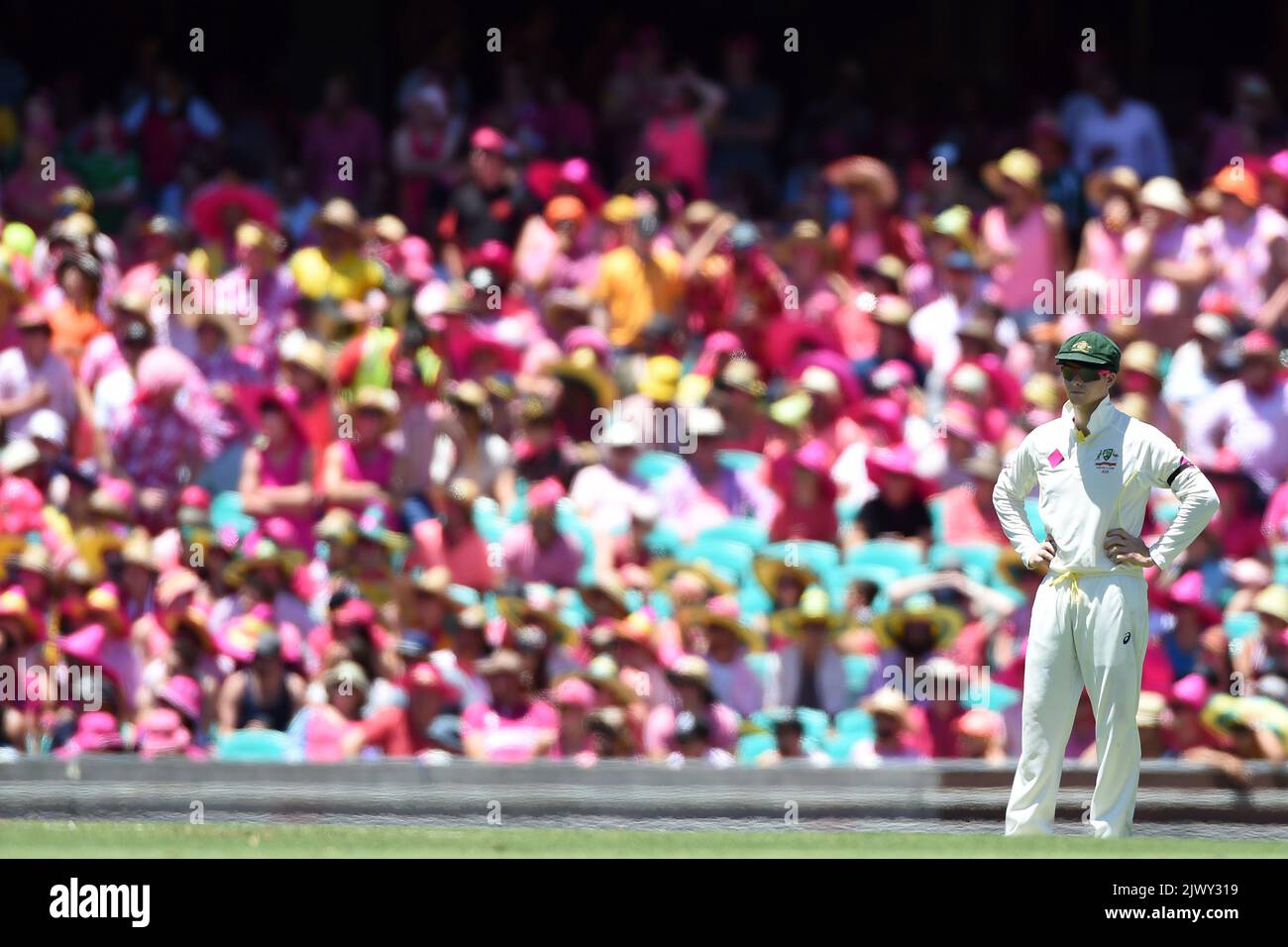 Australia's Steve Smith looks toward the pitch after dropping a catch ...