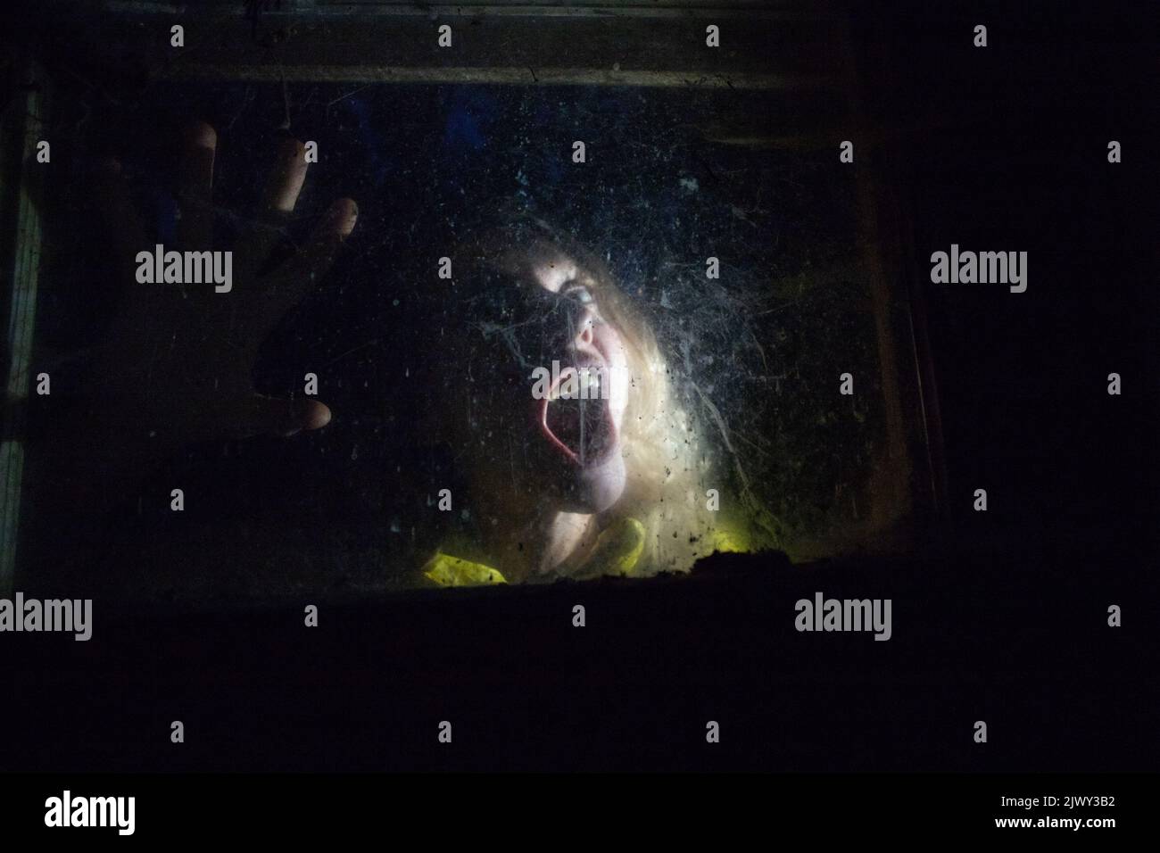 scary woman behind window at night Halloween horror background Stock ...