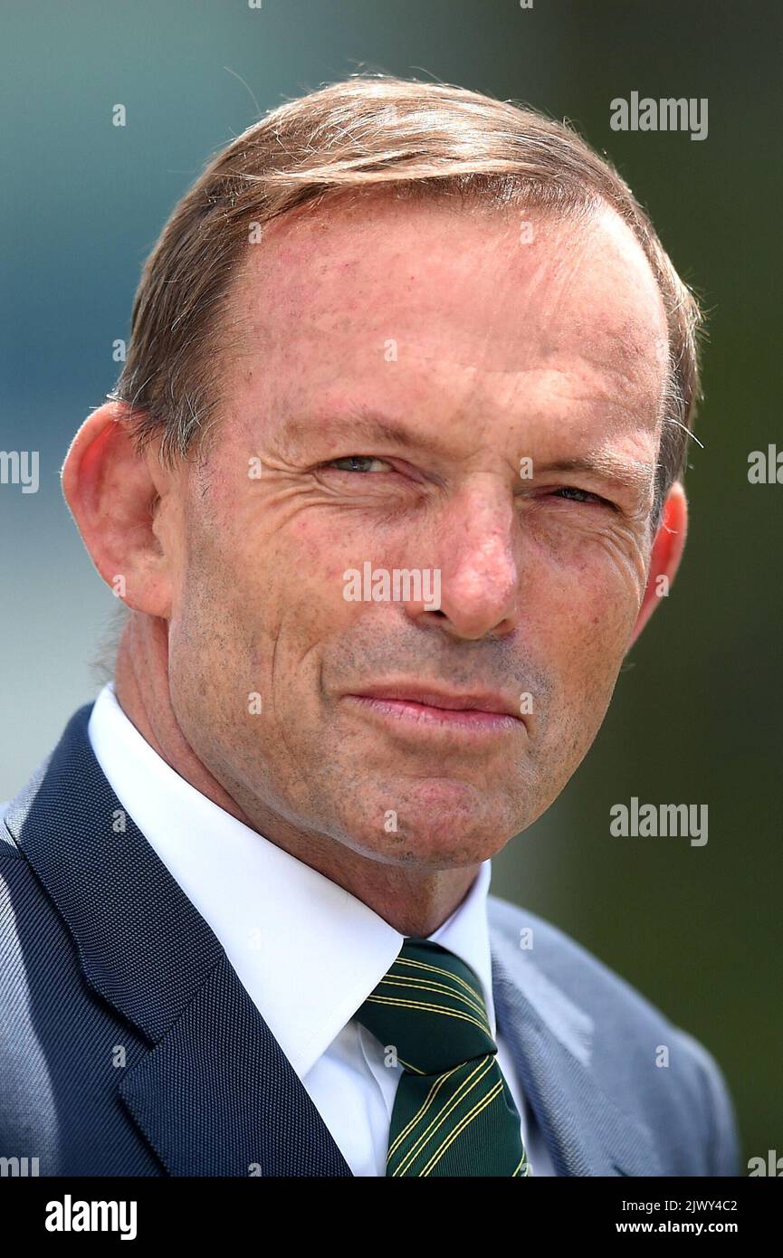 Prime minister Tony Abbott reacts during the coin toss ahead of the one ...
