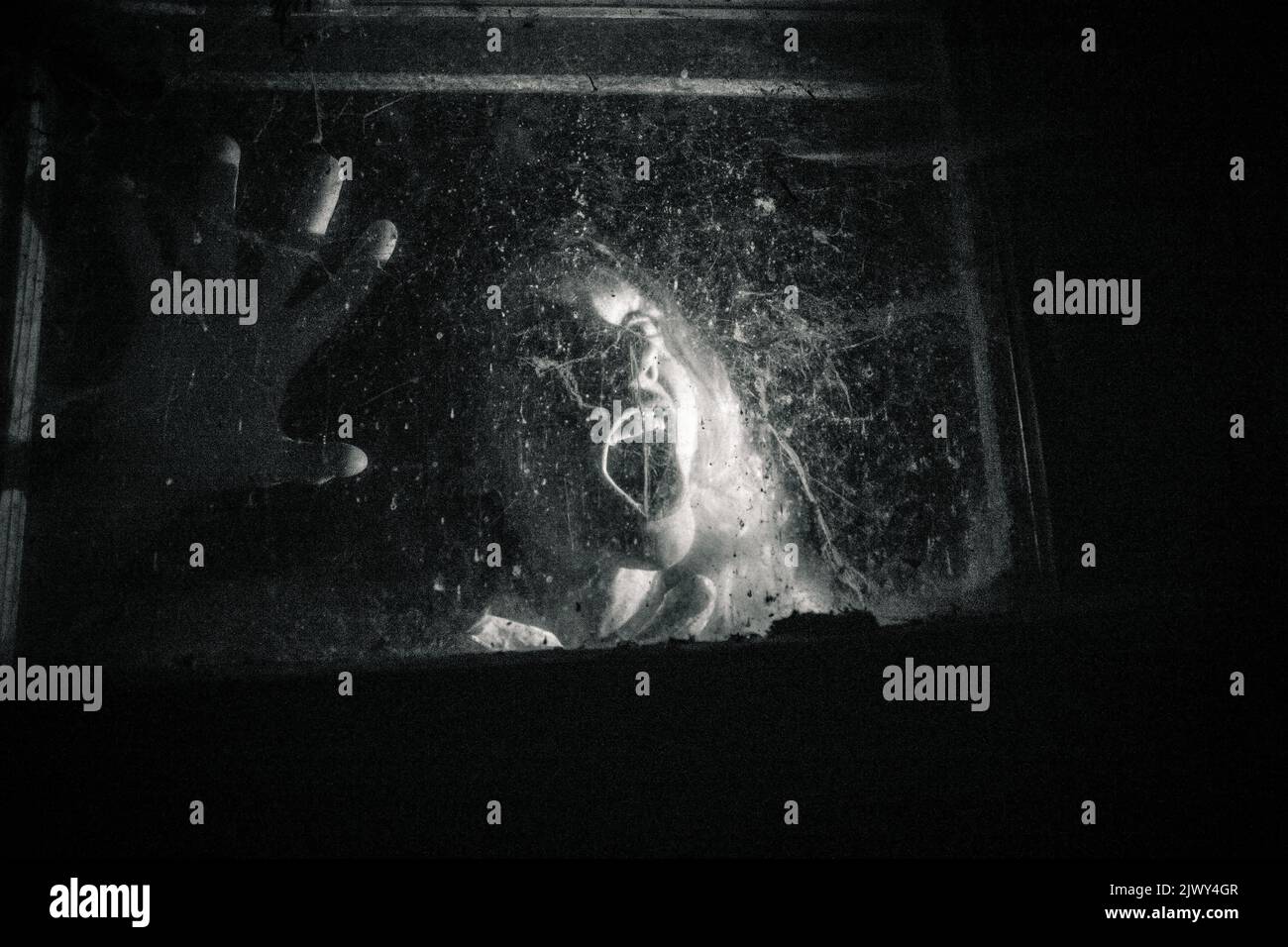 scary woman behind window at night Halloween horror background Stock ...
