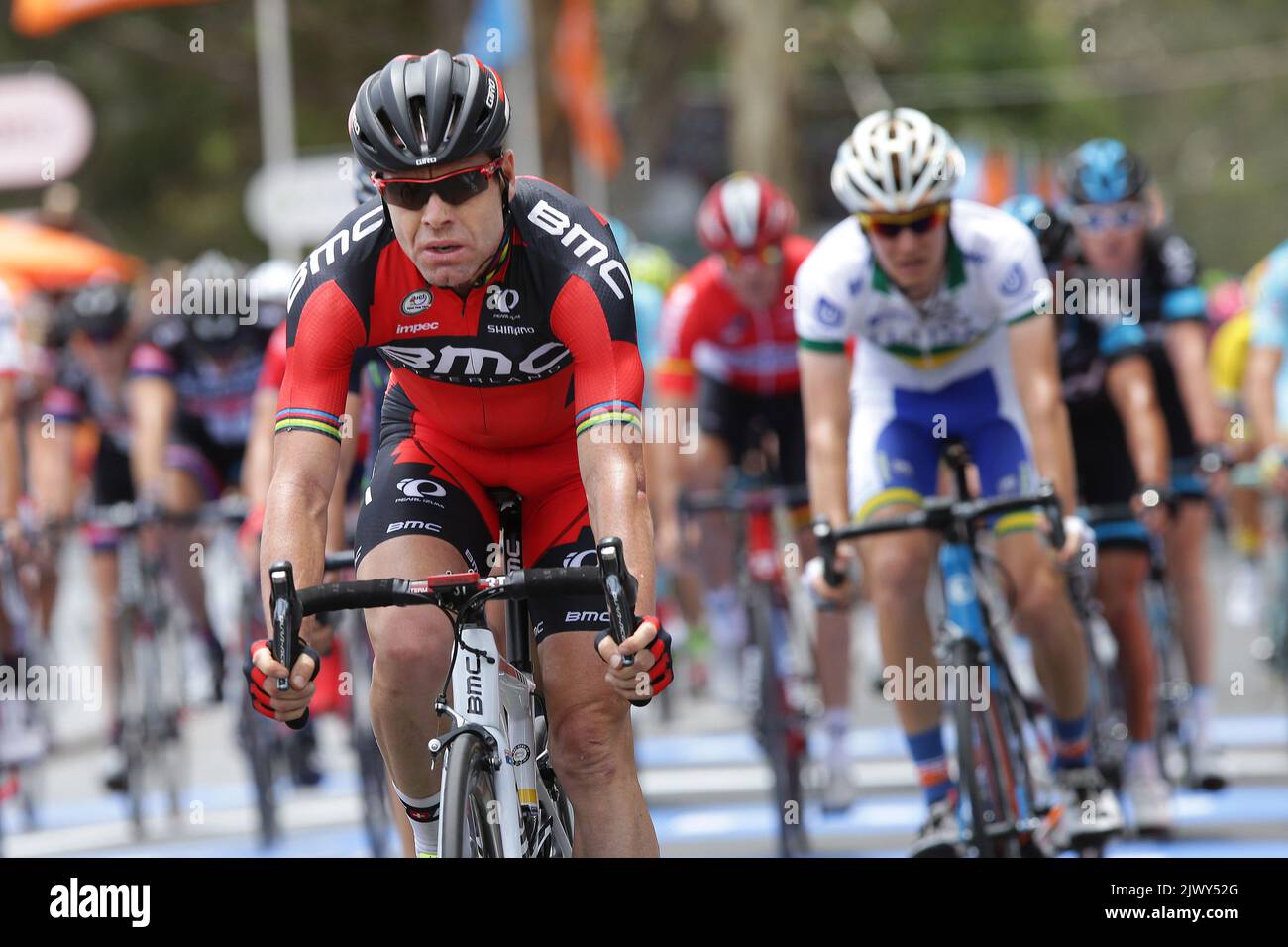 Australian rider Cadel Evans crosses the finish line of Stage 1 of the ...