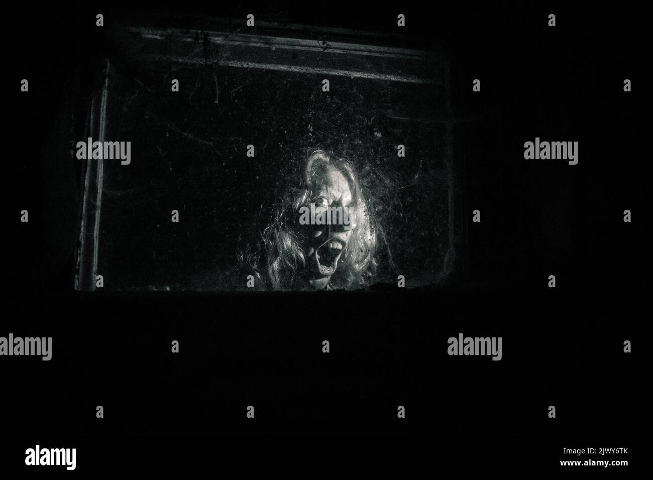 scary woman behind window at night Halloween horror background Stock ...
