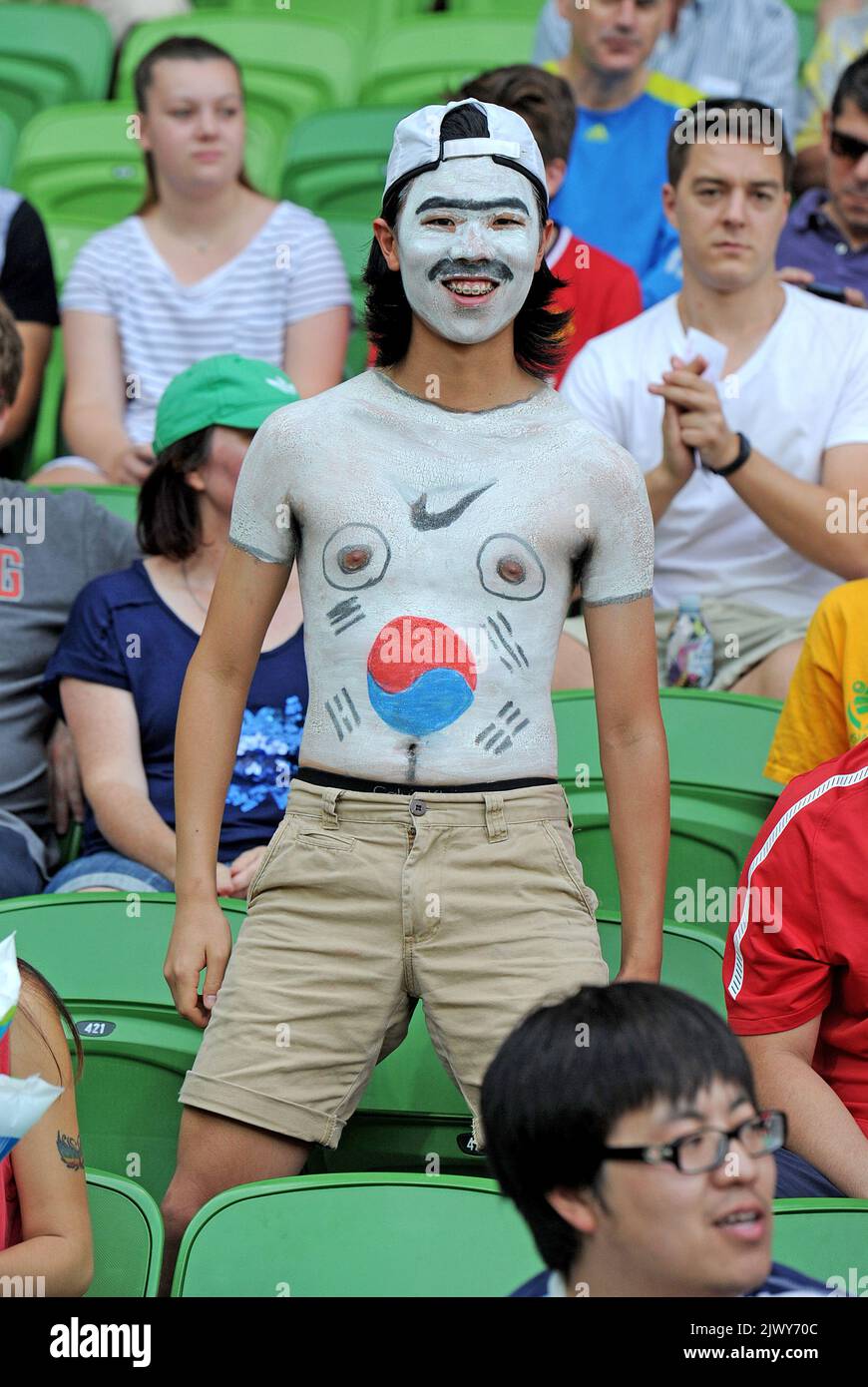 A Korean fan enjoys himself, during the Asian Cup Quarter Final match ...